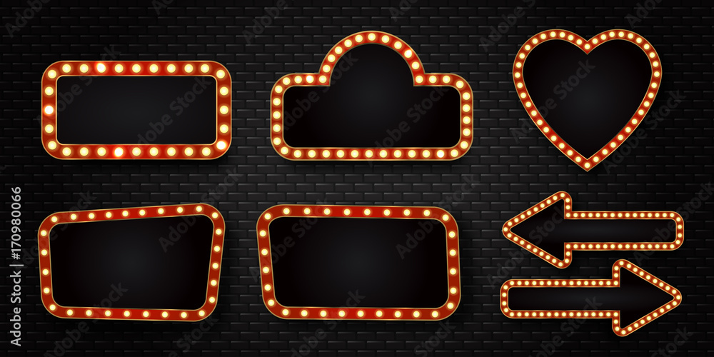 Vector set of realistic isolated retro sign neon billboards on the wall ...