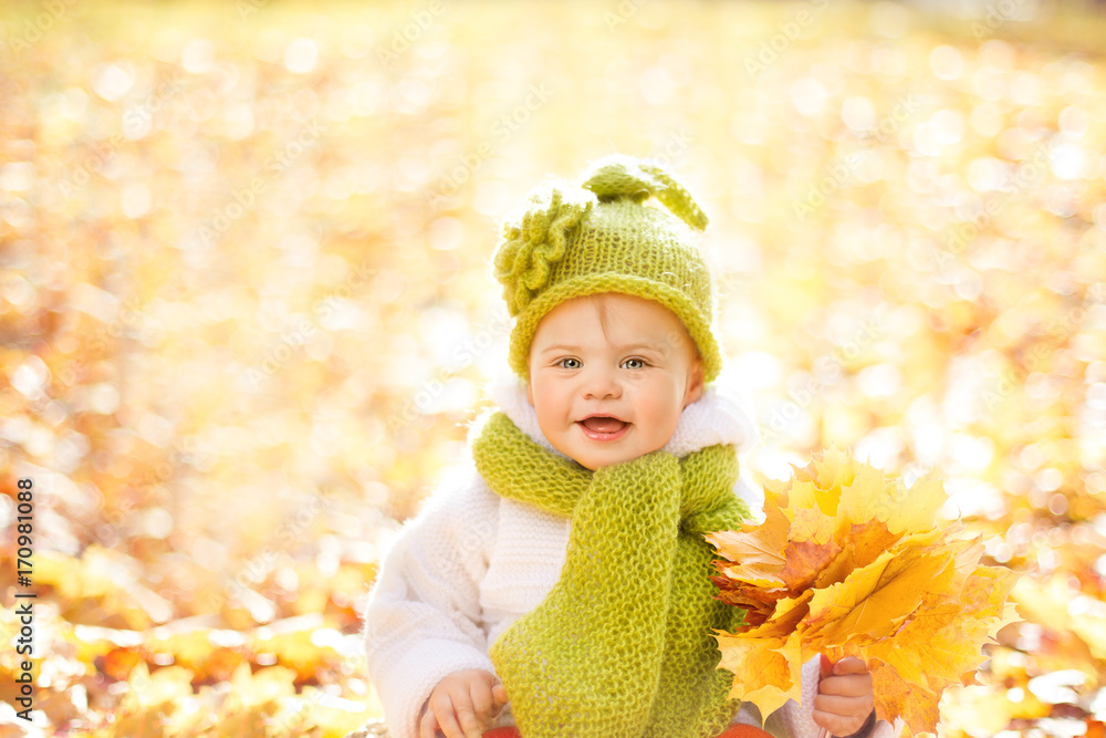 Autumn Baby, Happy Kid Outdoors Portrait with Yellow Fall Leaves ...