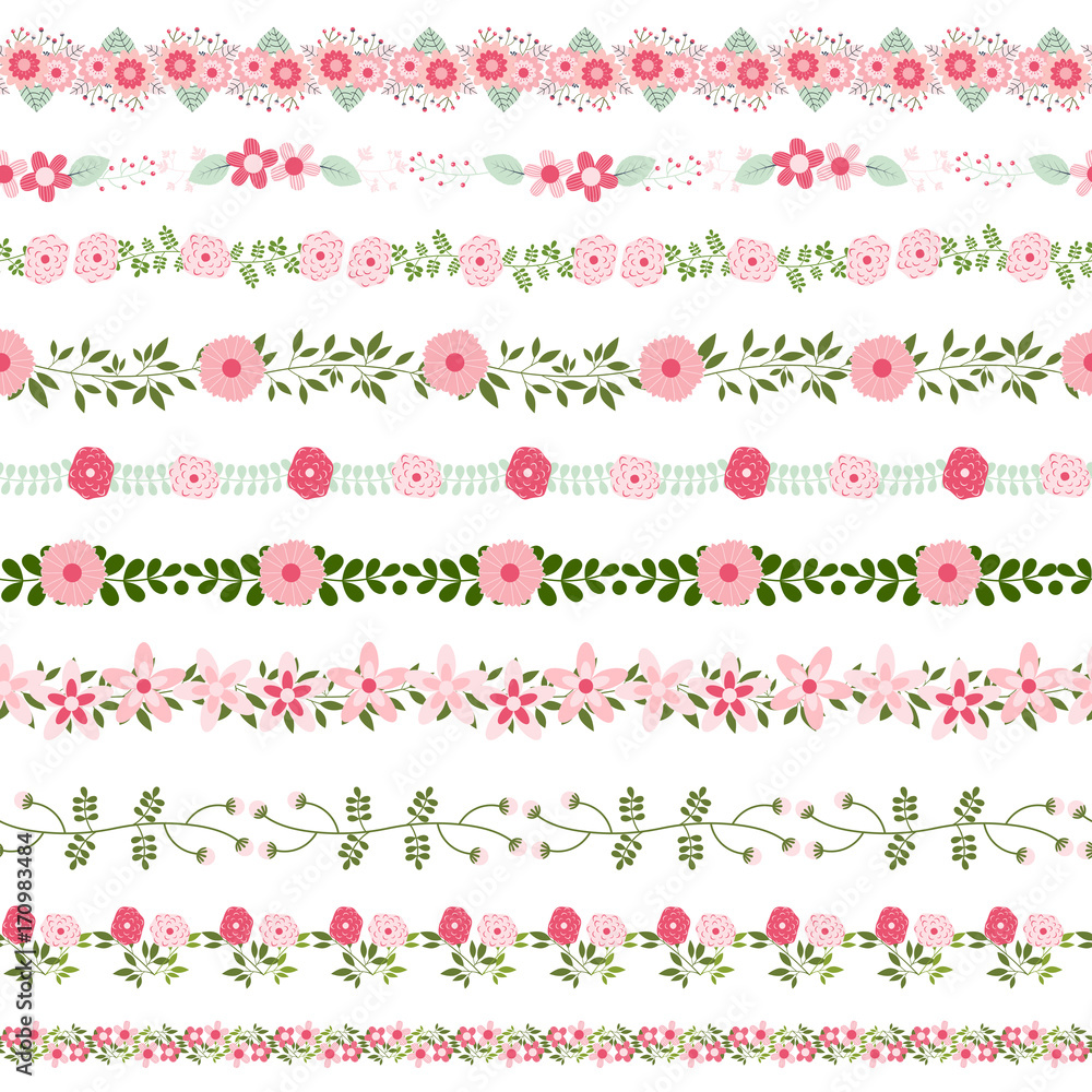 Vector floral borders in pink and green colors - could be connected ...