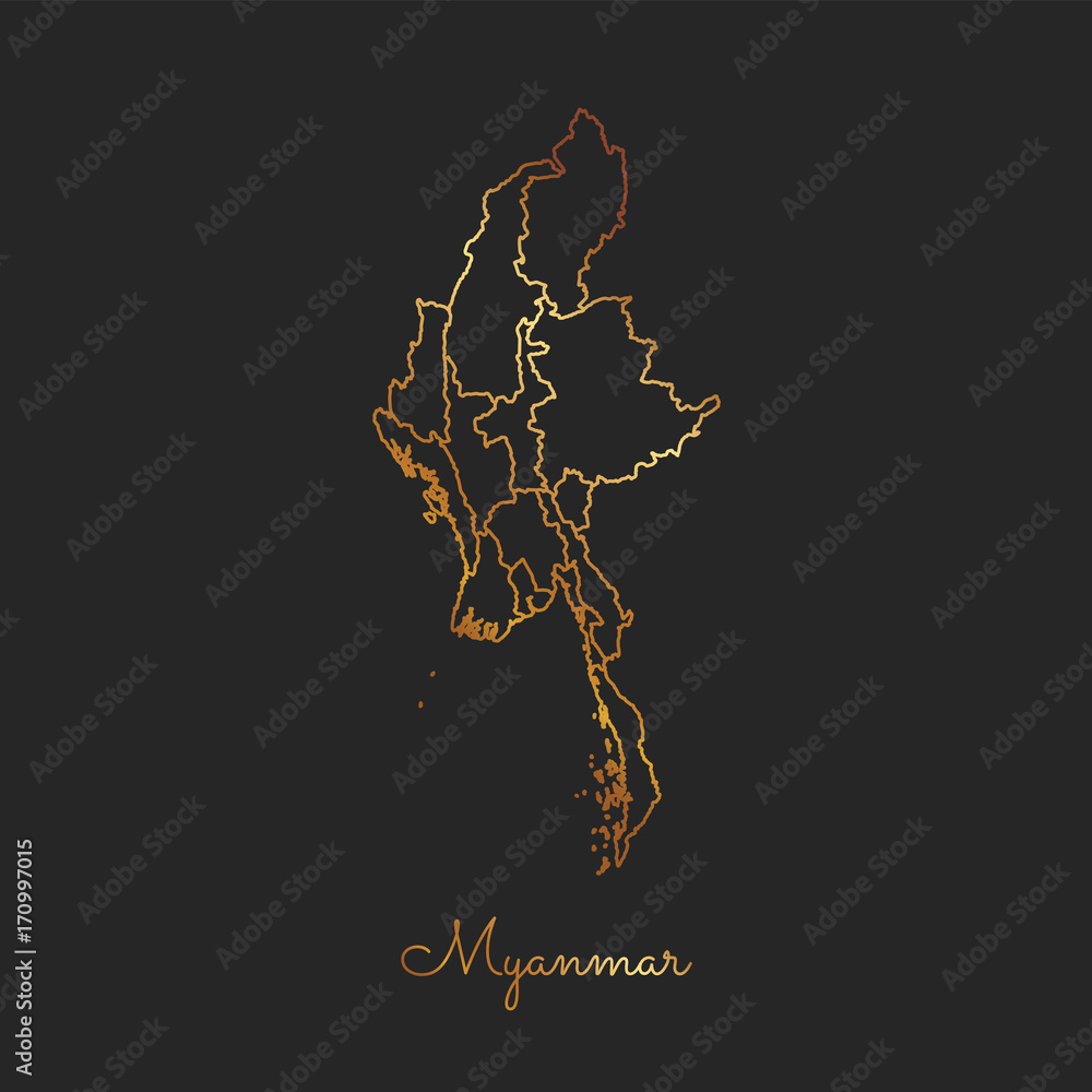 Myanmar region map: golden gradient outline on dark background ...