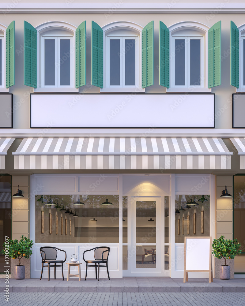 The front of the street shop 3d rendering image.There are a street shop ...