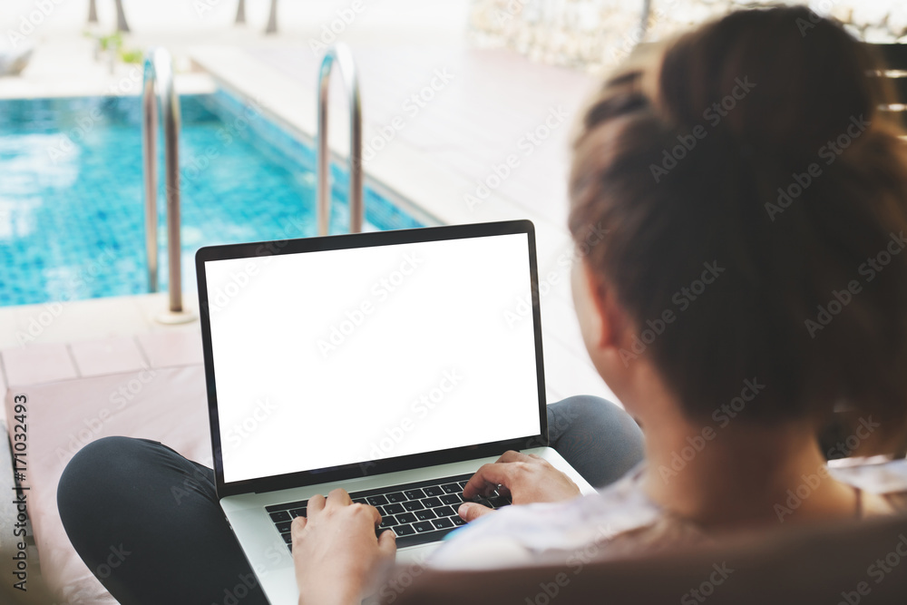 woman typing laptop keyboard showing white screen rear view Stock Photo ...