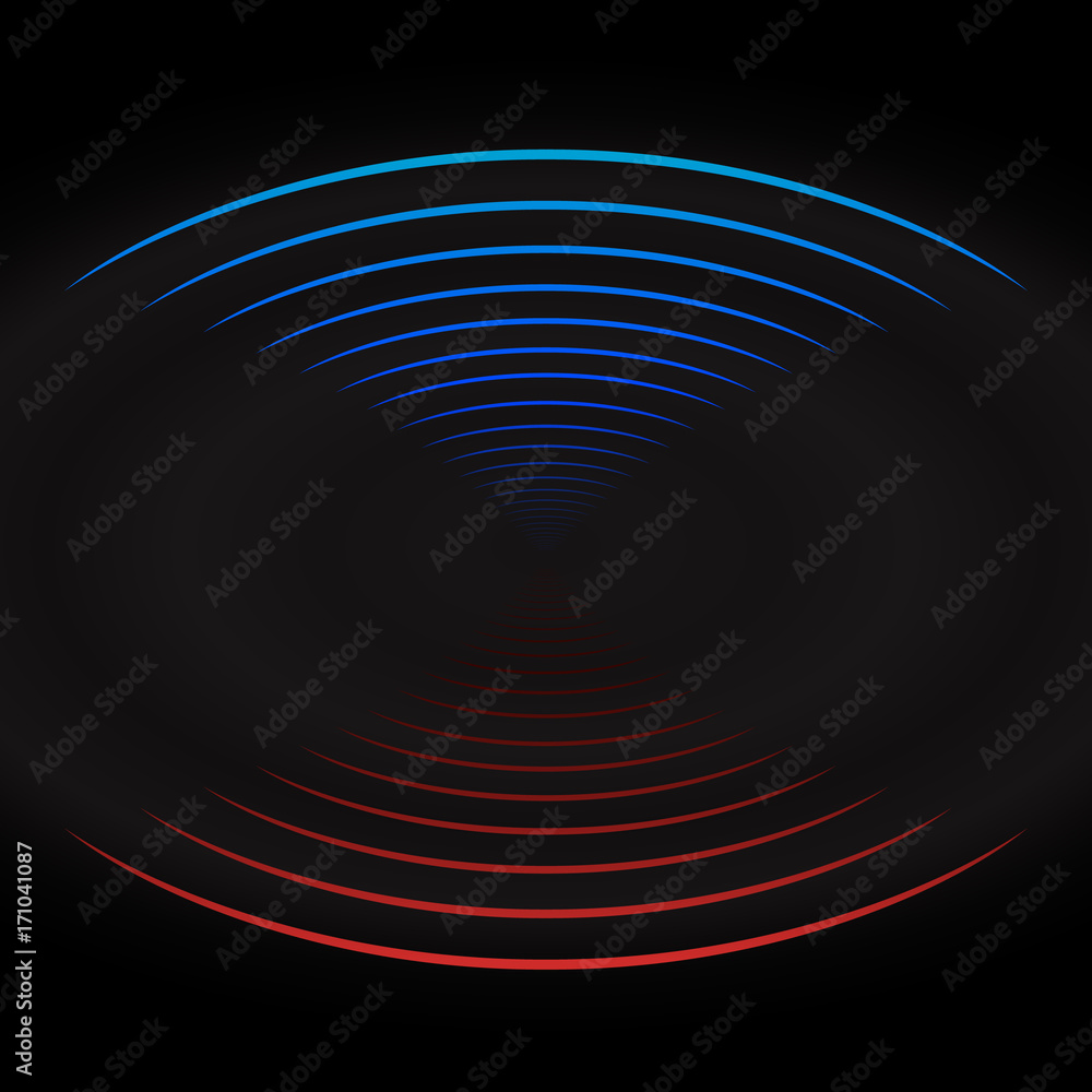 Bluea nd red sound wave on black background. spherical acoustic ...