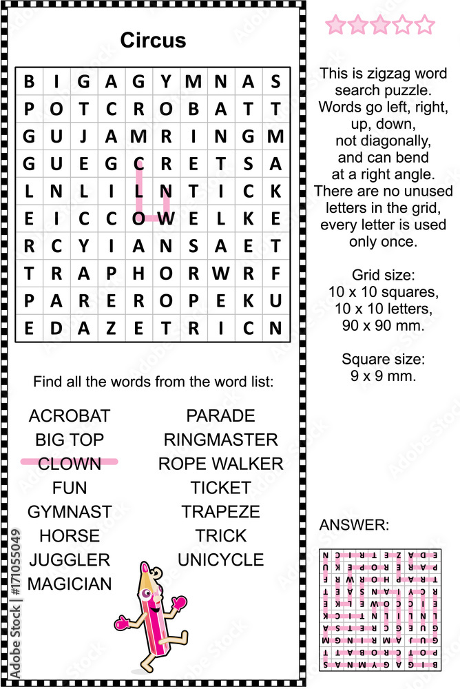 Circus themed zigzag word search puzzle (suitable both for kids and ...