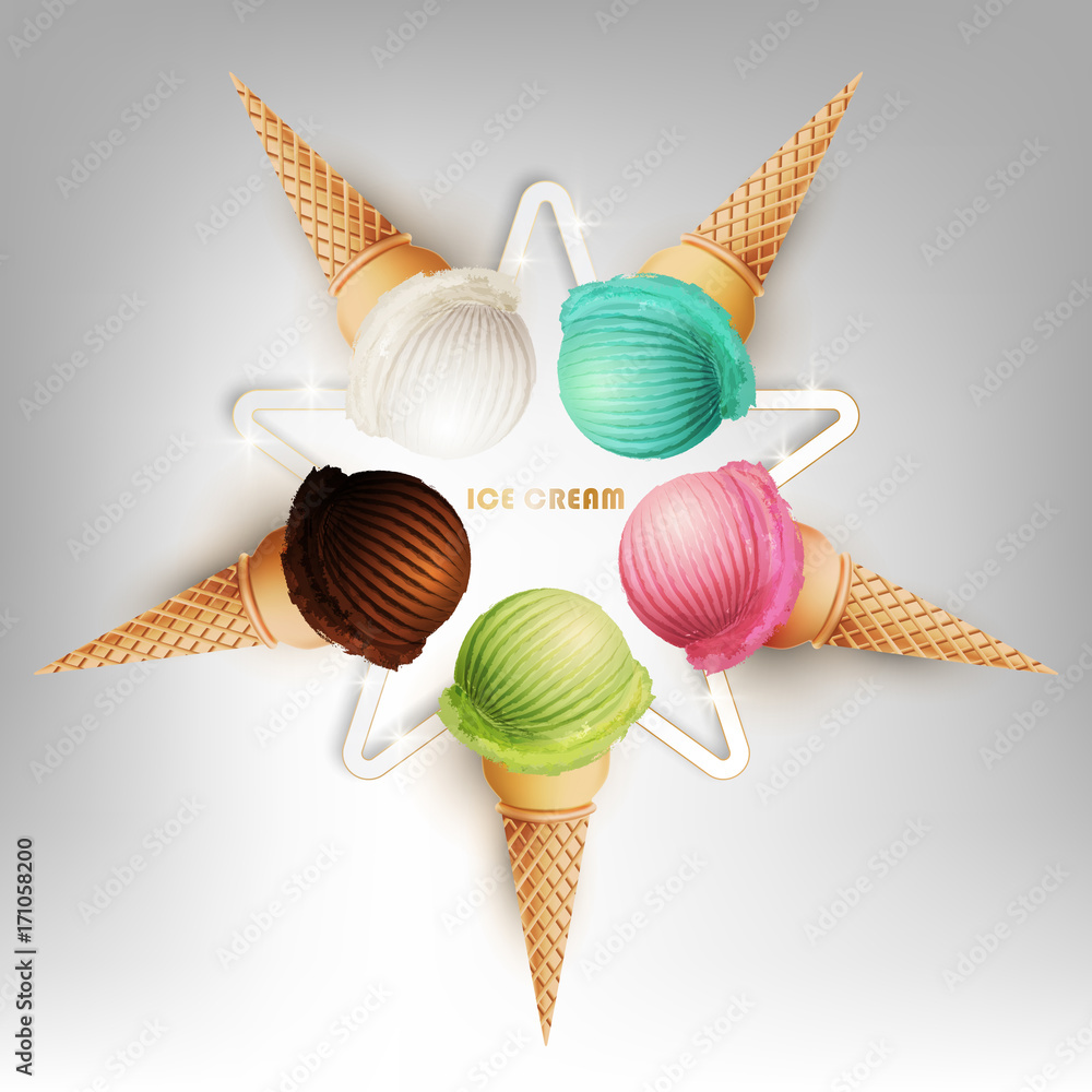 Colorful Ice cream cone array in form of star shape, Different fruit ...