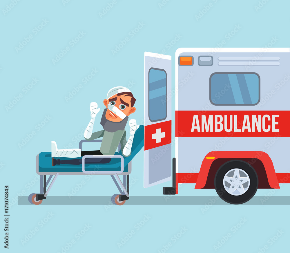 Ambulance car and broken victim man character. Vector flat cartoon ...
