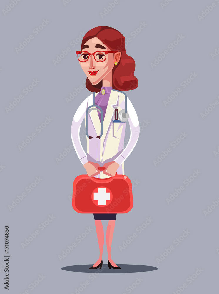 Happy smiling woman doctor character hold case. Vector flat cartoon ...