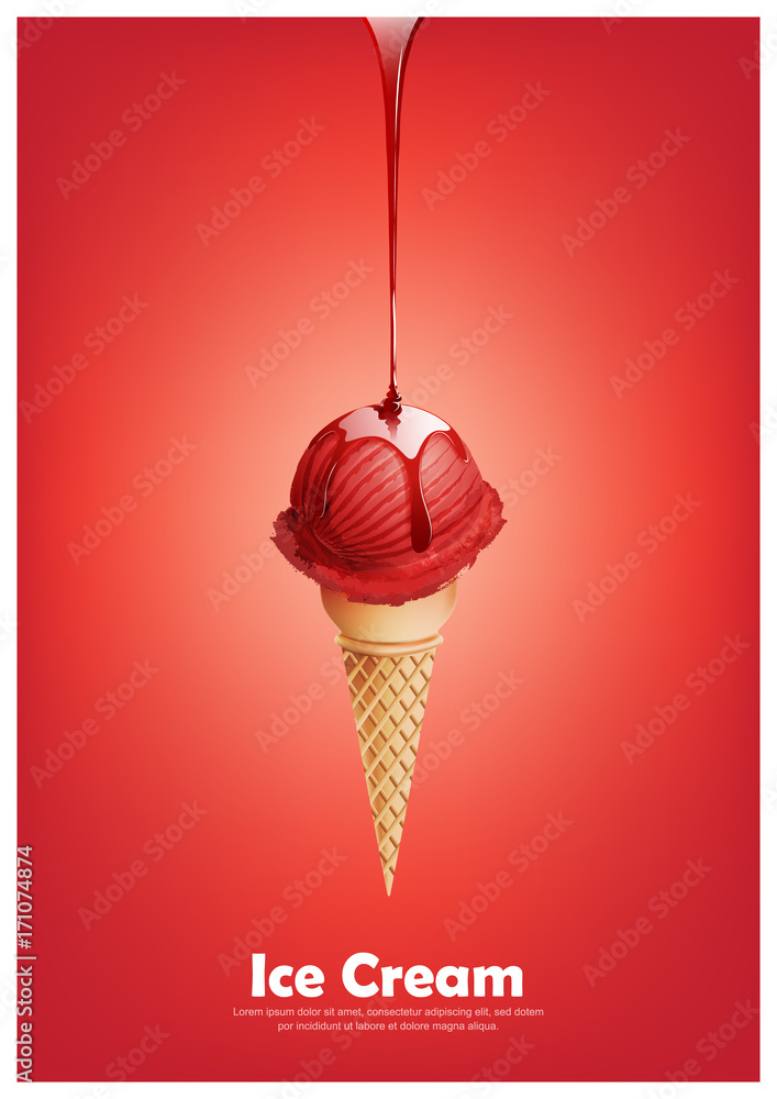 Red ice cream cone, Pour red syrup, strawberry raspberry fruit flavor ...