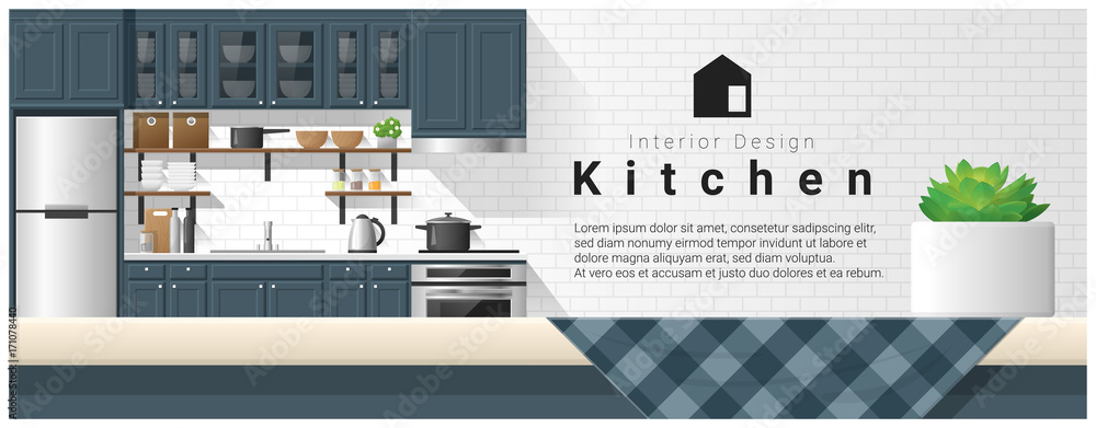 Interior design with table top and Modern kitchen background , vector ...