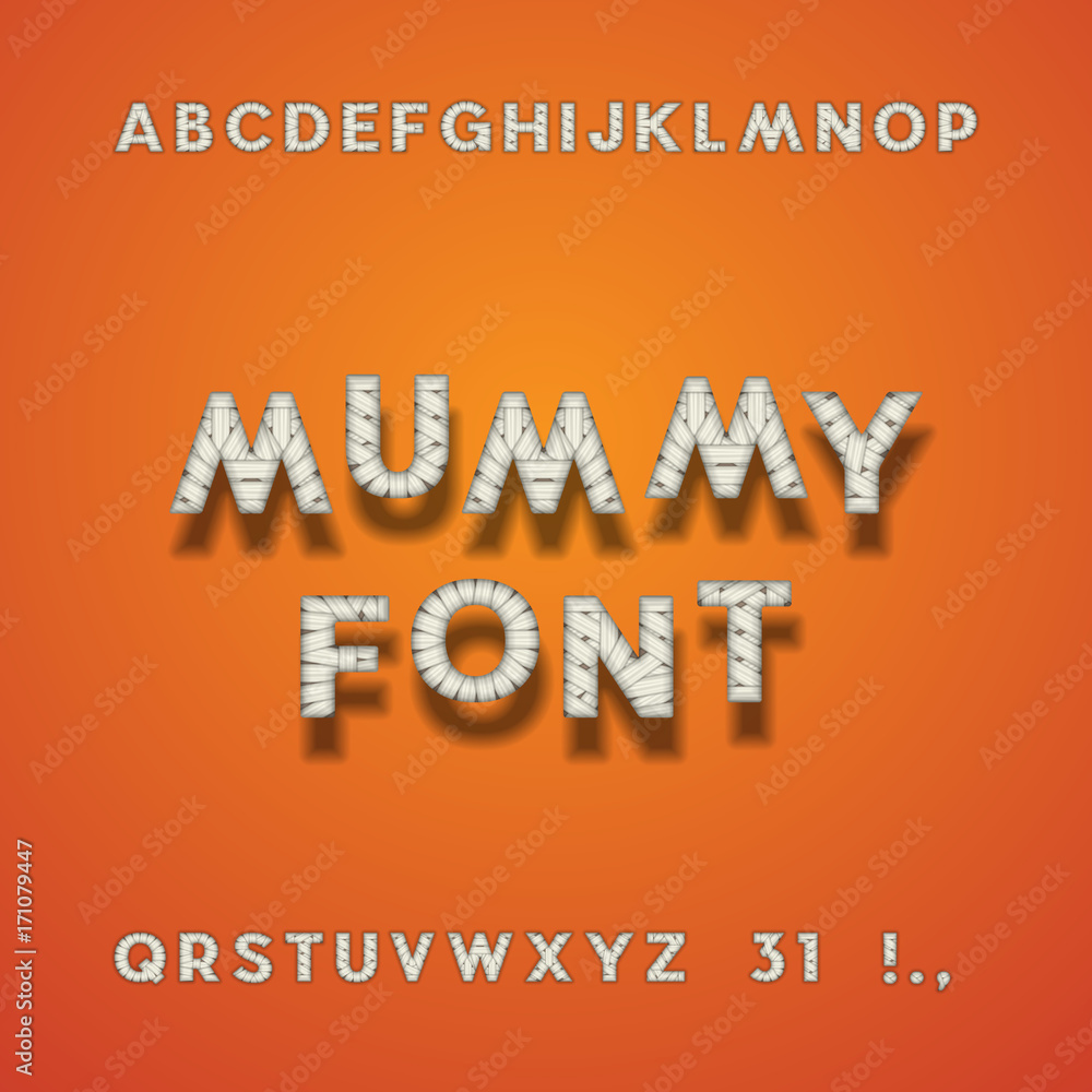 Mummy Bandage Font. Halloween Sans Serif Typeface. Letters, Punctuation ...