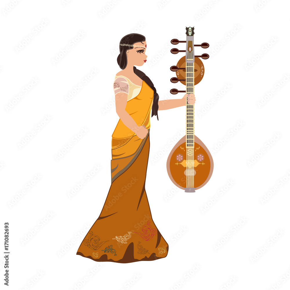 Indian girl with saraswati veena vector flat illustration Stock Vector ...
