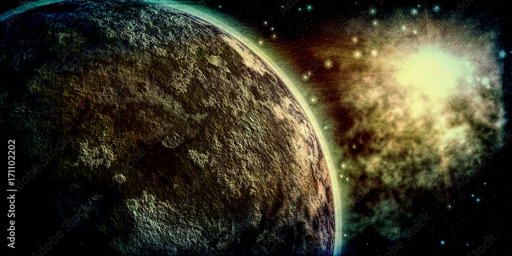 Wide Grunge Space Background - Green Sunrise Planet and Nebula in ...