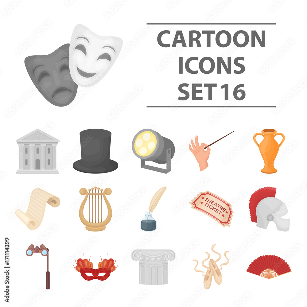 Theater set icons in cartoon style. Big collection of theater vector ...