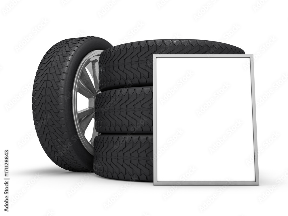 Car wheels with white poster, white background. 3D rendering Stock ...