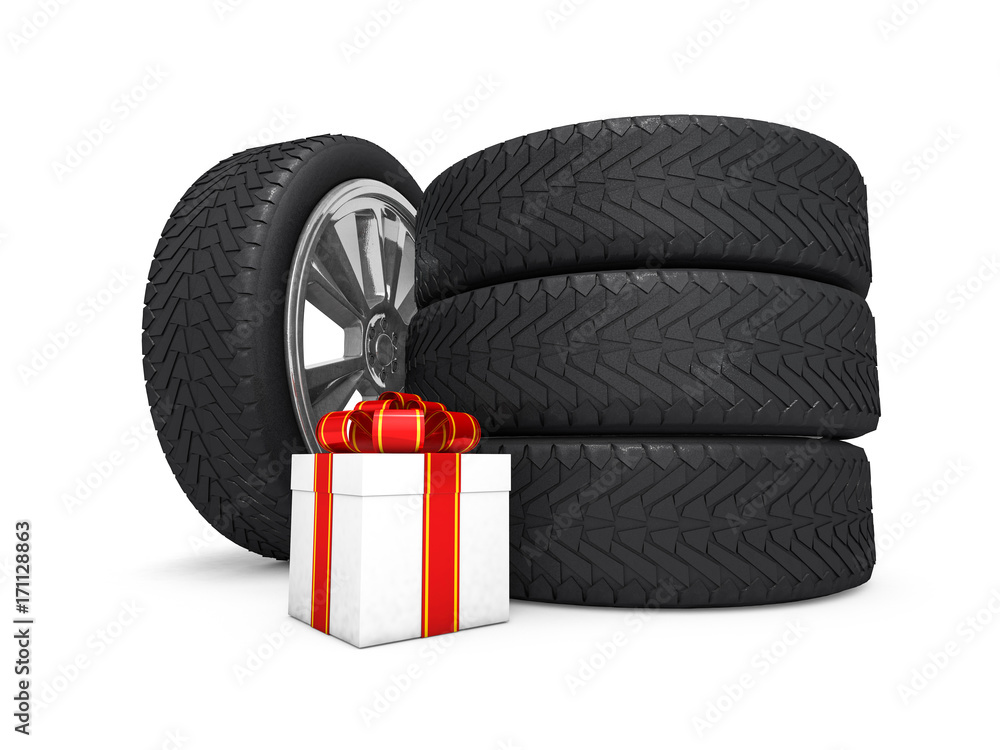 Car wheels with big white gift box, white background. 3D rendering ...