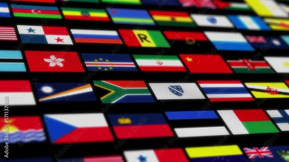 The camera flies through a flag on black background. Several flags ...