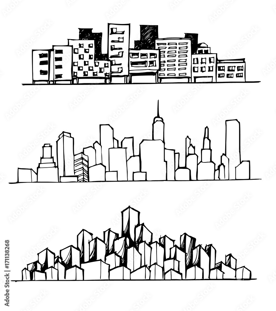 Set of cityscape doodle illustration Hand drawn Sketch line vector ...