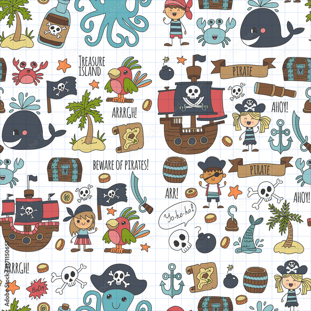 Vector seamless pattern Pirate party for children Kindergarten Kids ...