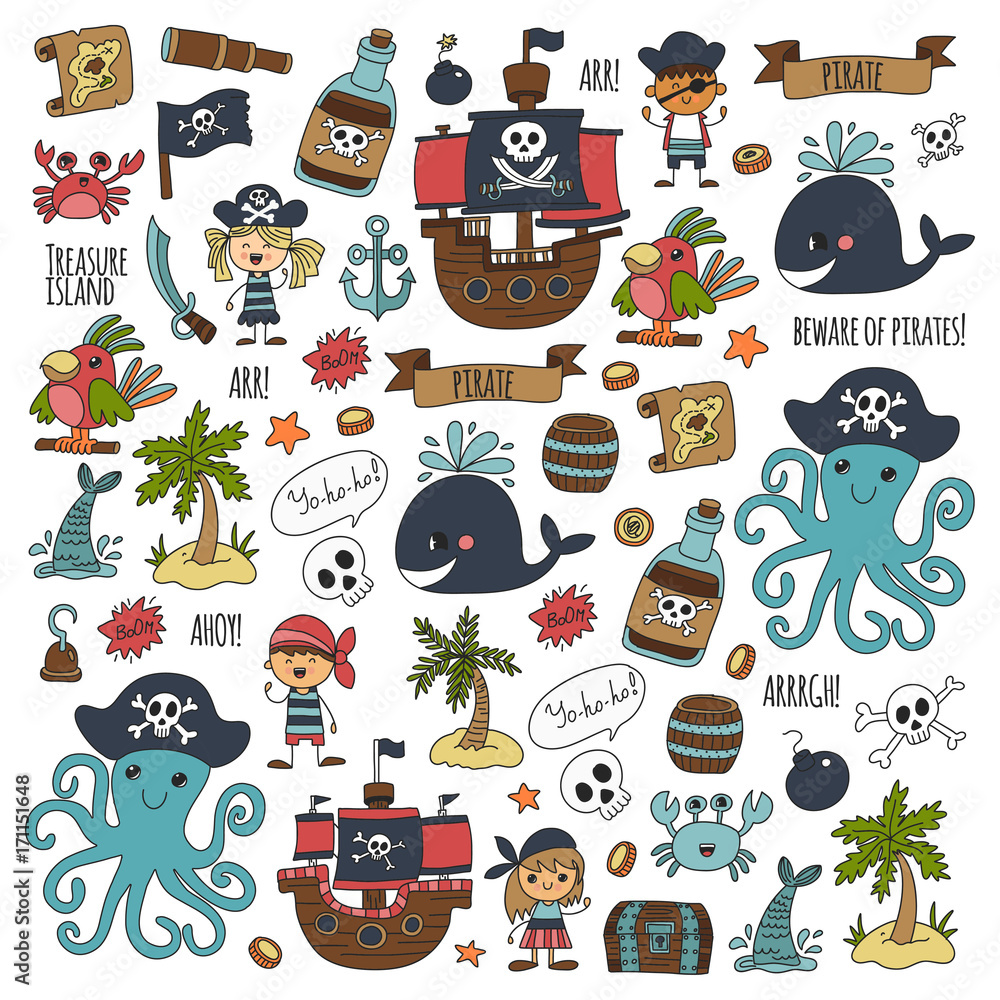 Vector seamless pattern Pirate party for children Kindergarten Kids ...
