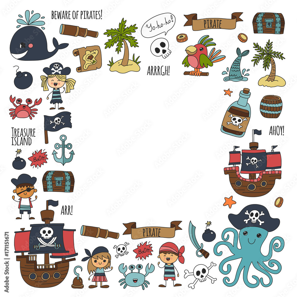 Vector seamless pattern Pirate party for children Kindergarten Kids ...