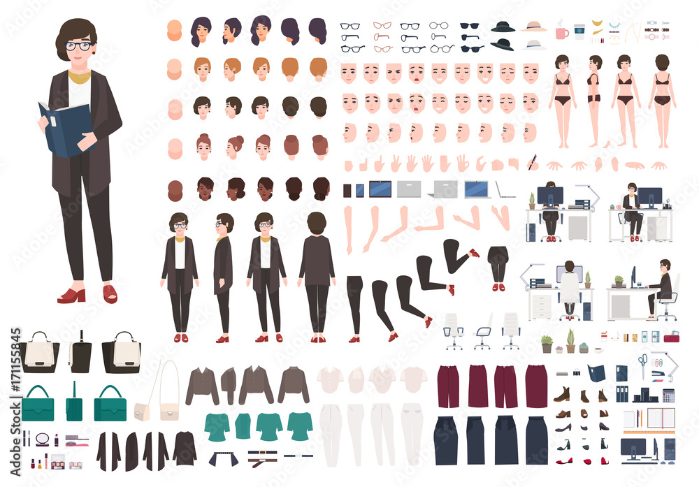 Secretary woman creation set or DIY kit. Collection of female cartoon ...