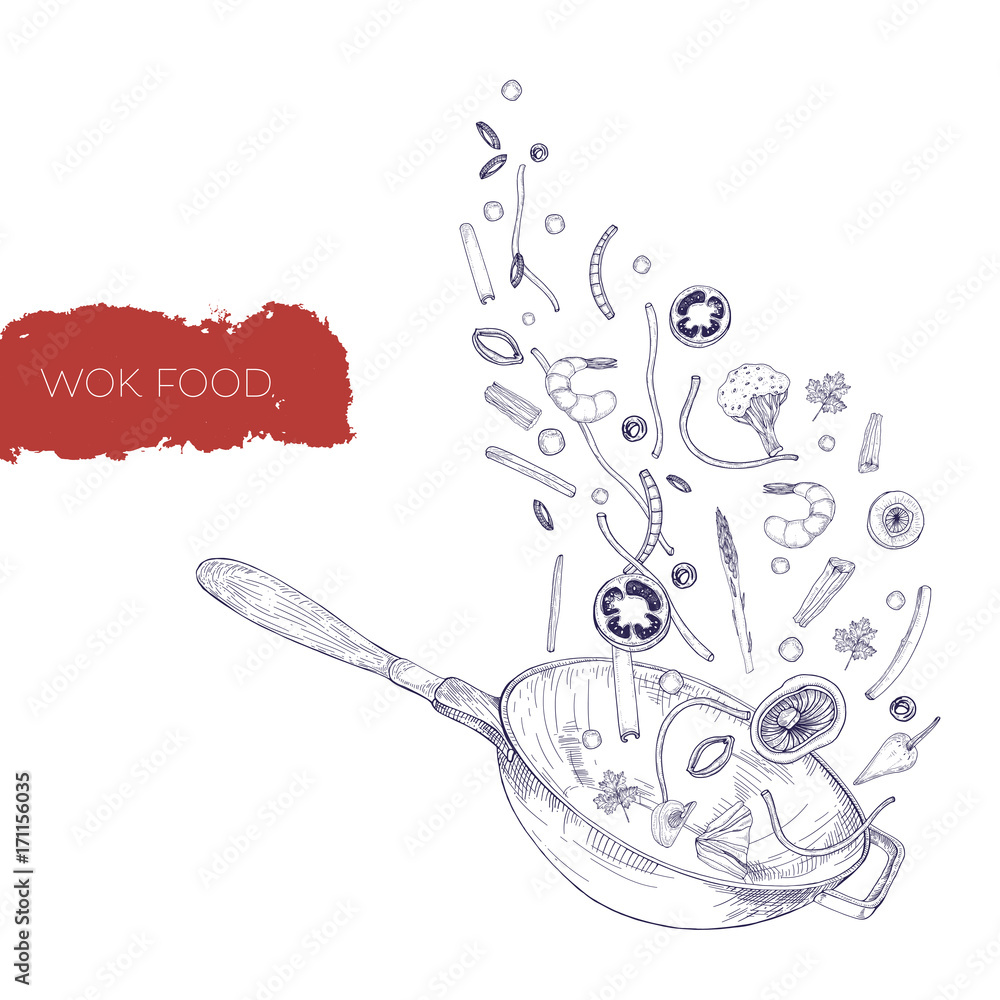 Monochrome realistic drawing of wok pan and vegetables, mushrooms ...