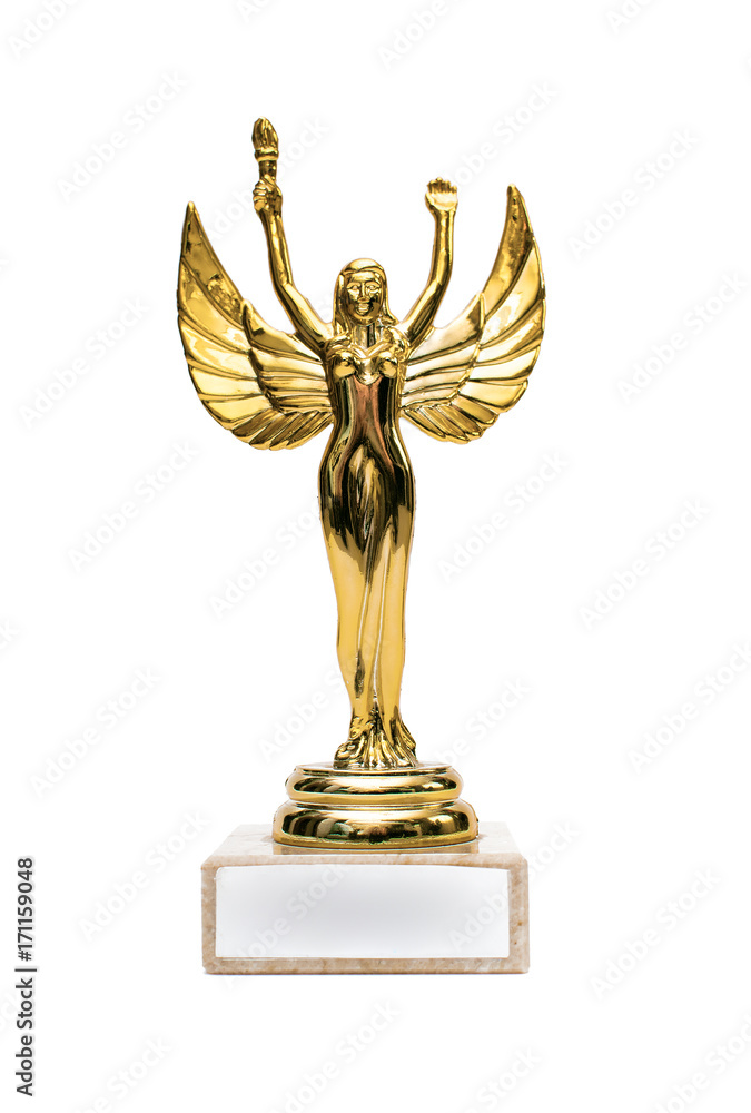Gold award statuette made as a woman with wings and arms raised up and ...