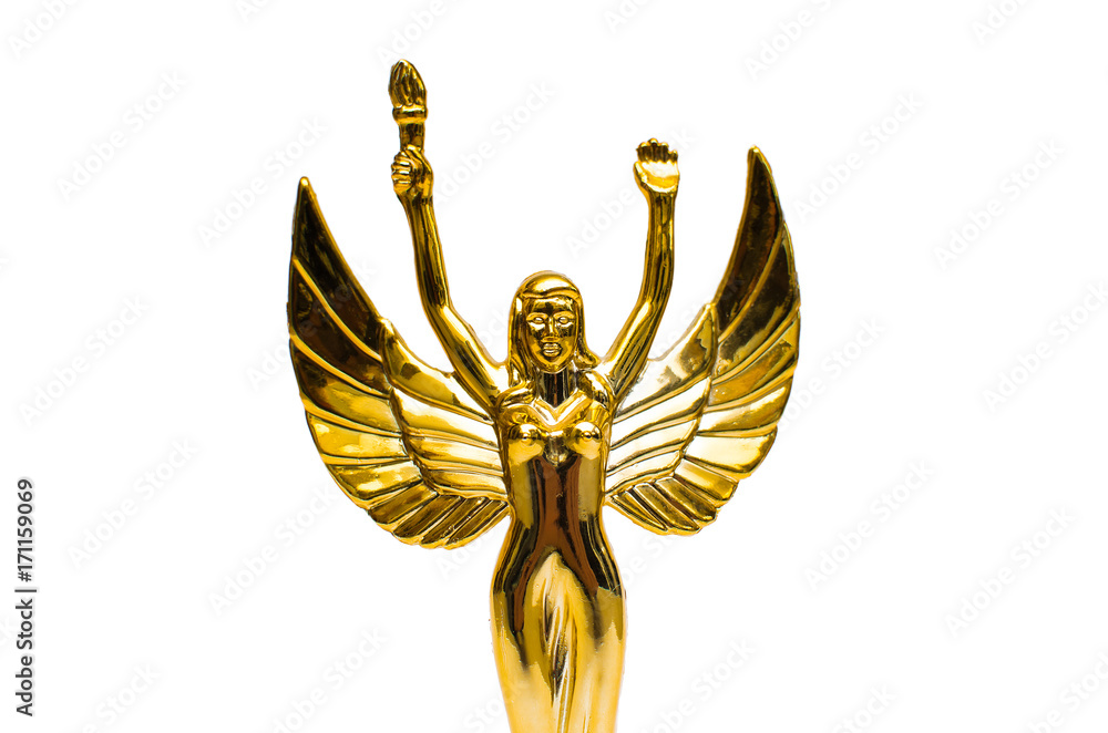 Gold award statuette made as a woman with wings and arms raised up and ...