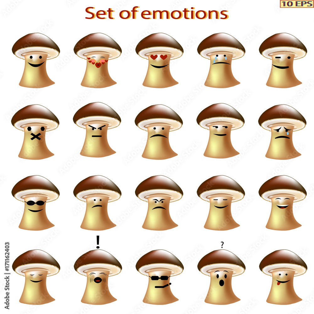 Set of emoticon. Mood. Icons cartoon mushrooms with different emotions ...