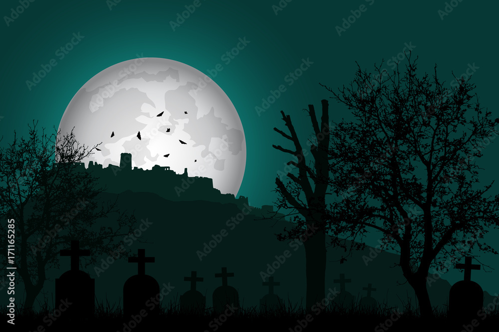 Vector illustration of a graveyard with tombstones and trees in front ...
