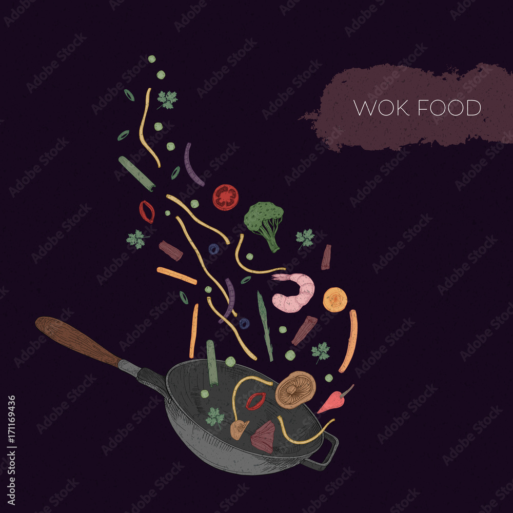 Detailed colorful drawing of wok and seafood, vegetables, mushrooms ...