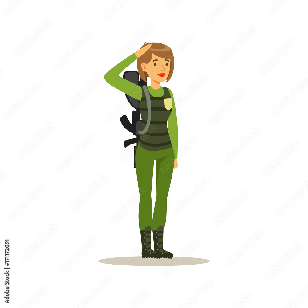 Cartoon Woman Soldier Saluting