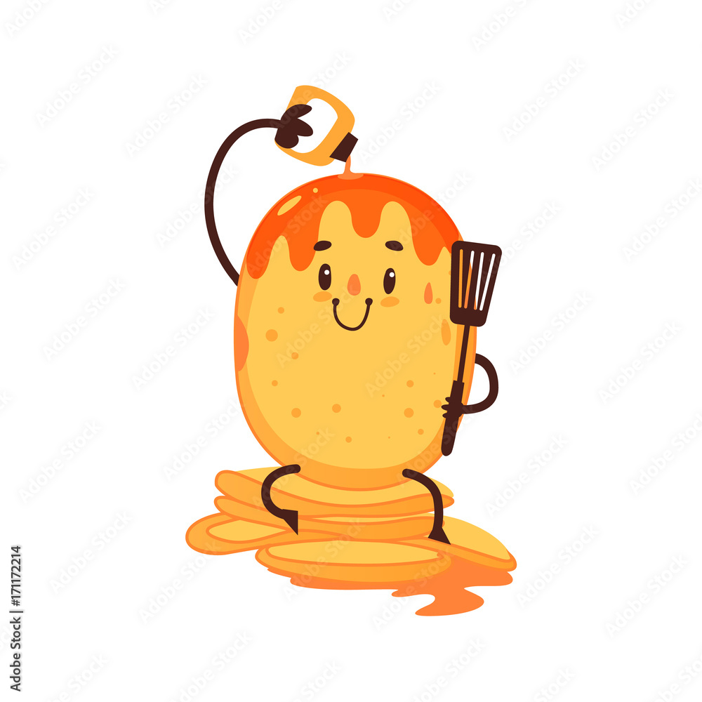 Funny pancake pouring itself with strawberry sauce, breakfast character ...