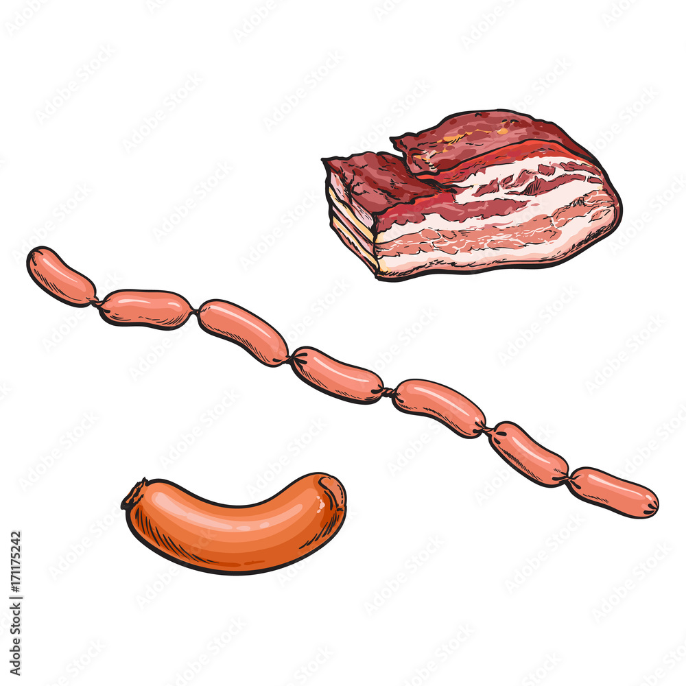 vector sketch sausage chain, single sausage and pork lard set. Cartoon ...