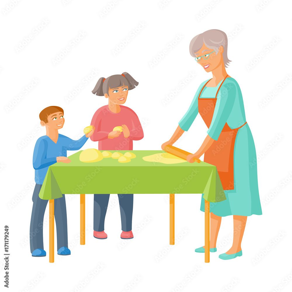 vector flat cartoon grandmother and boy and girl kids rolling out the ...