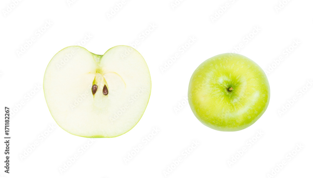Fresh green apple cut in half (side view) and whole apple of top view ...
