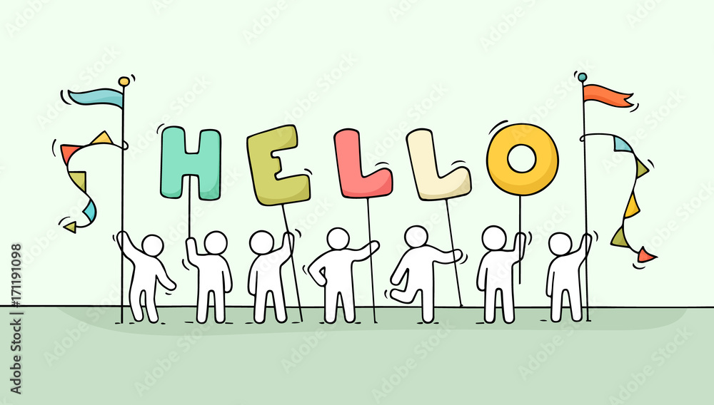 Cartoon working little people with word Hello. Stock Vector | Adobe Stock
