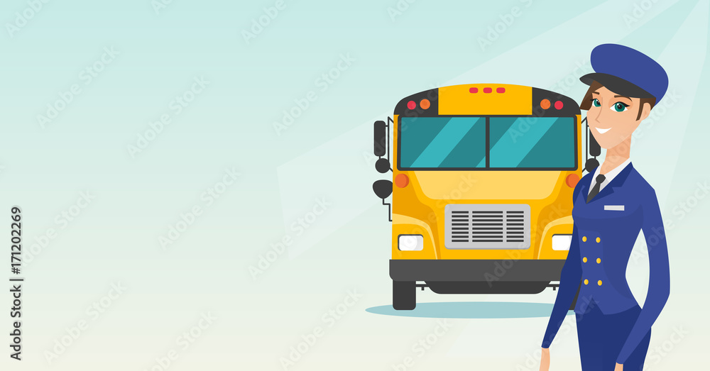Caucasian cheerful female school bus driver standing on the background ...