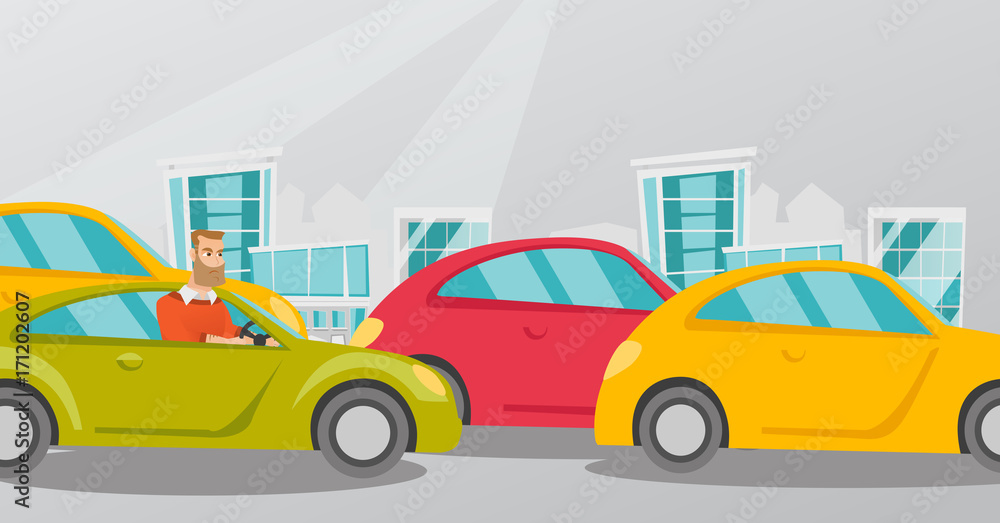Angry caucasian man in a car stuck in a traffic jam. Irritated young ... Angry caucasian man in a car stuck in a traffic jam. Irritated young ...