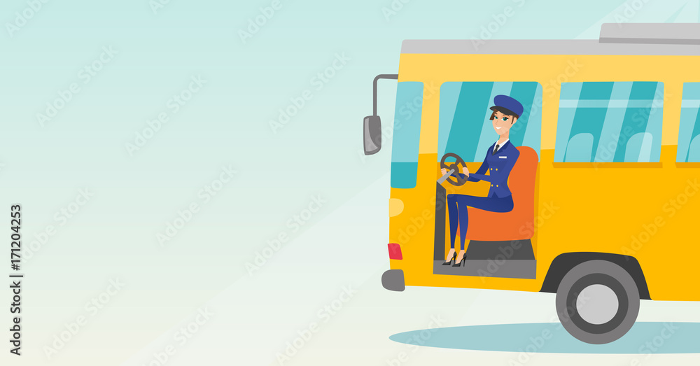 Young caucasian bus driver sitting at steering wheel. Female bus driver ...