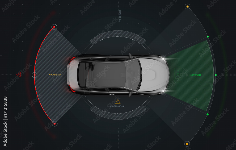 Smart car sensors - futuristic concept, top view (with grunge overlay ...