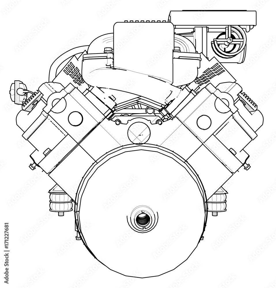 Powerful car engine. The engine is drawn with black lines on a white ...