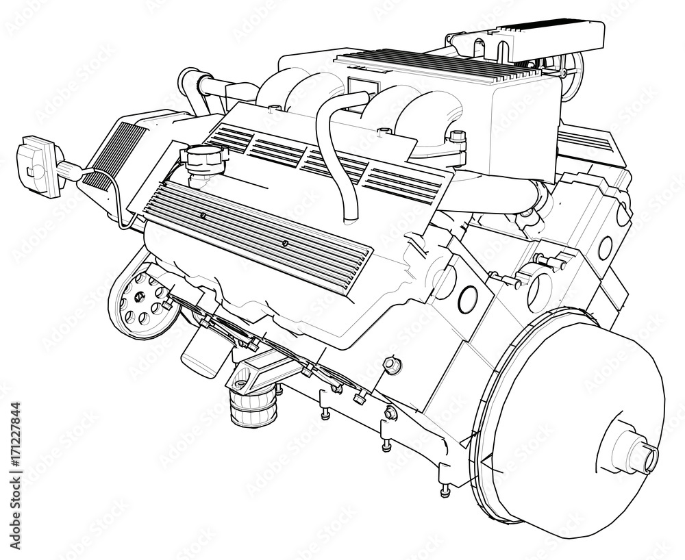 Powerful car engine. The engine is drawn with black lines on a white ...