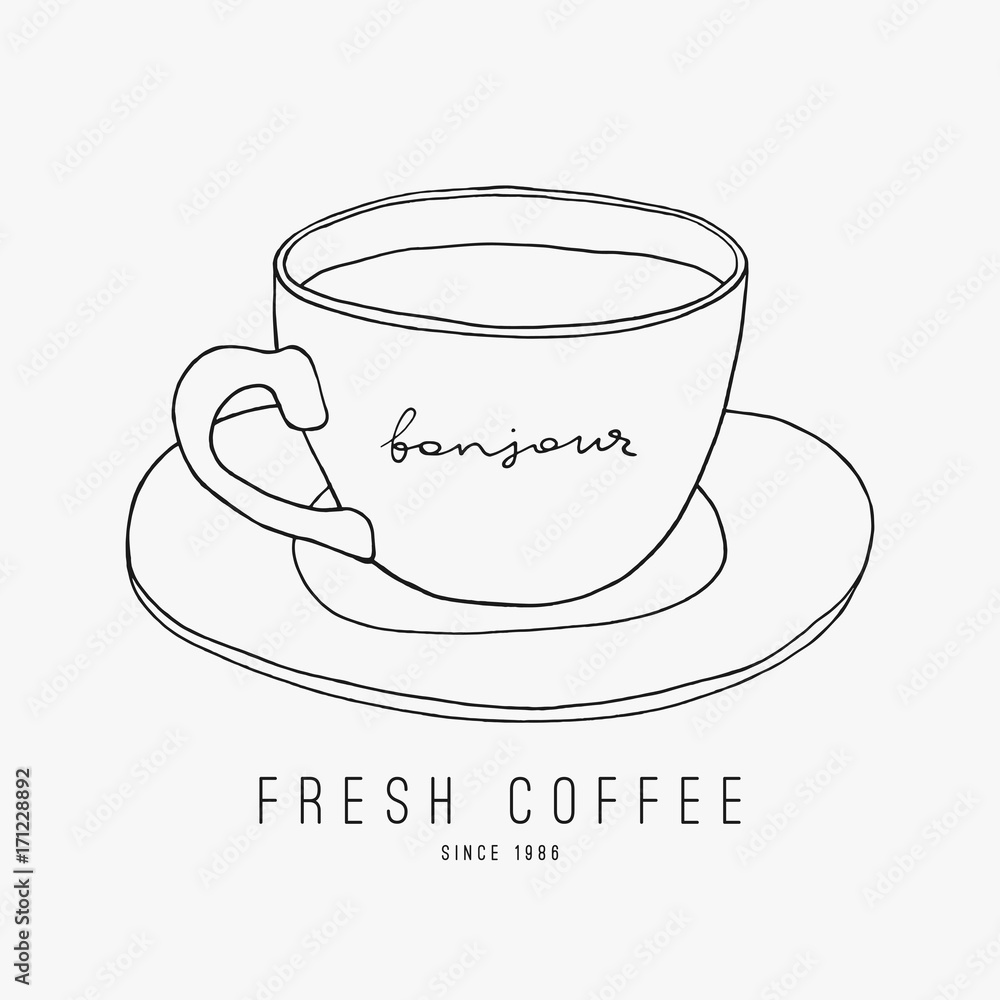 Hand drawn naive cup of coffee vector line art on the white background ...