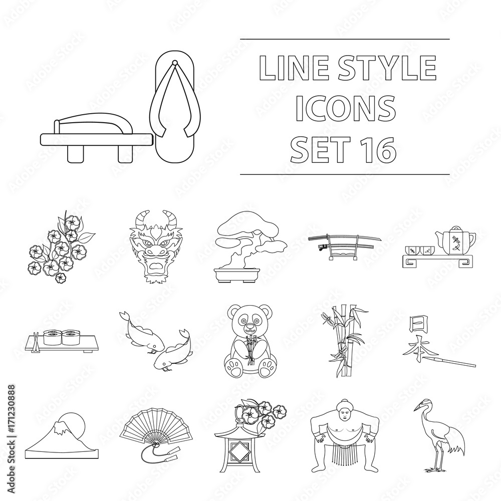Japan set icons in outline style. Big collection of Japan vector ...