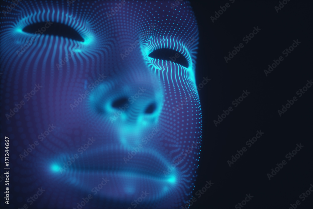 3D illustration. Stylized 3D face with polygons and points on the ...