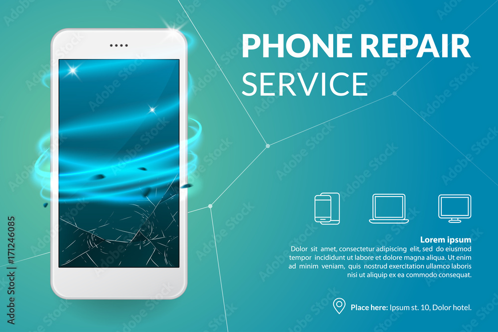 Phone repair service banner template. Smartphone with broken screen on ...