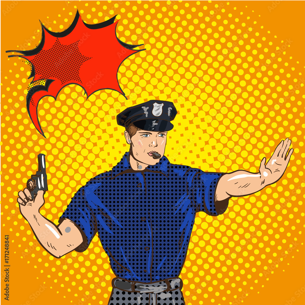 Retro police officer stop gesture, pop art retro vector illustration ...