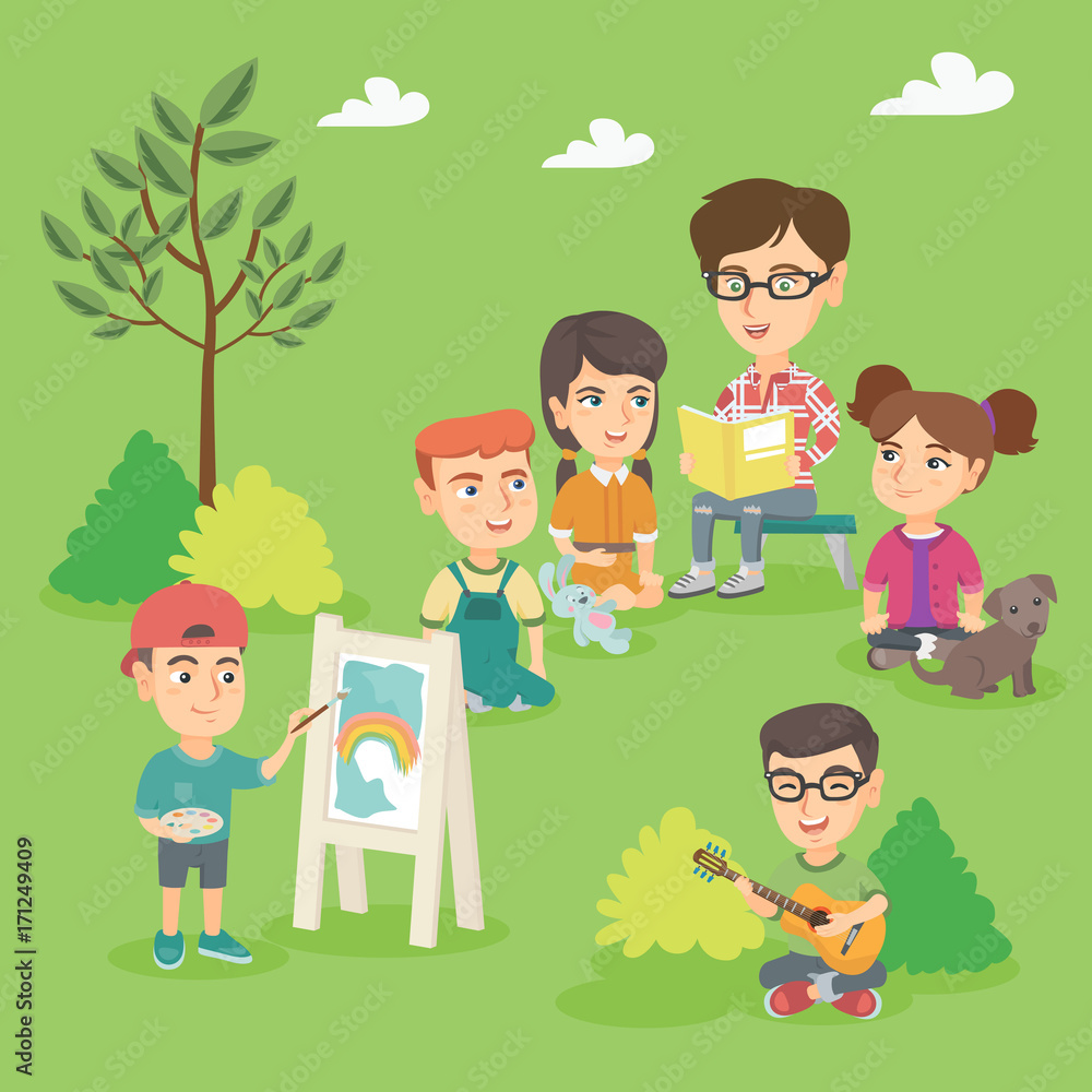 Young caucasian teacher reading a book to little boys and girls outdoor ...