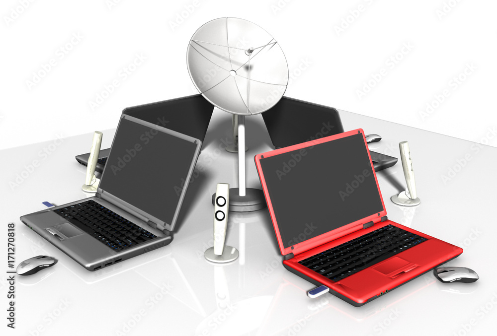 3d Laptop, Notebook mit Lautsprecher und Satellitenschüssel ...